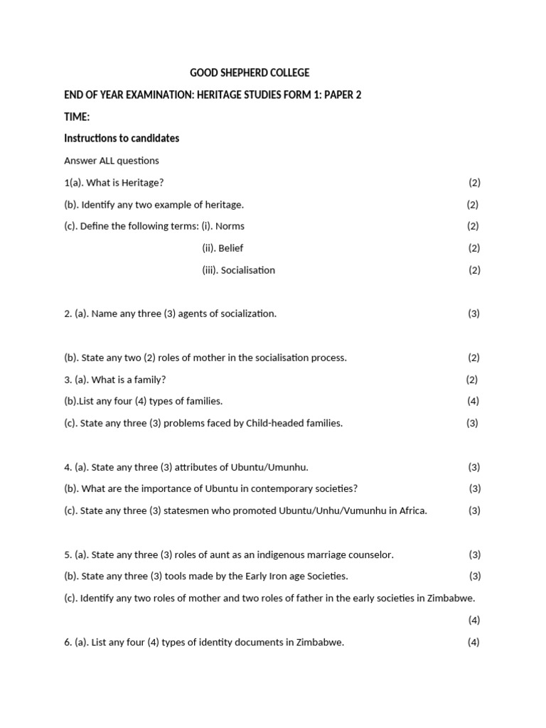 Form 1 Heritage Studies Paper 2 | PDF | Social Psychology
