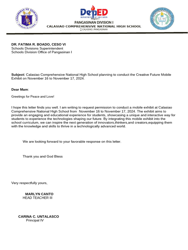 Letter To DR - Fatima Calasiao Comprehensive School | PDF