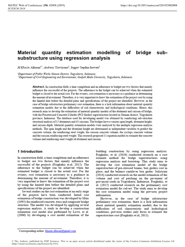 Material Quantity Estimation Modelling of Bridge S | PDF | Multicollinearity | Regression Analysis