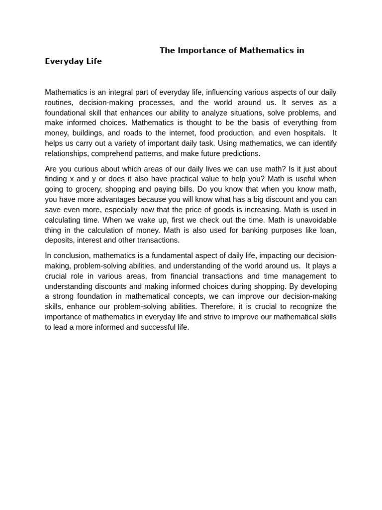 Mathematics in Daily Life: Benefits | PDF
