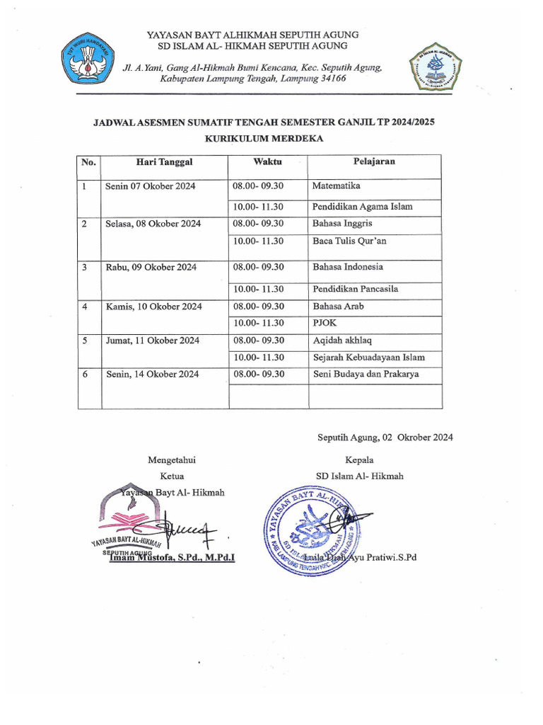 Jadwal Asesmen Sumatif Tengah Semester Ganjil TP 2024-2025 - SD Islam Al-Hikmah Seputih Agung | PDF
