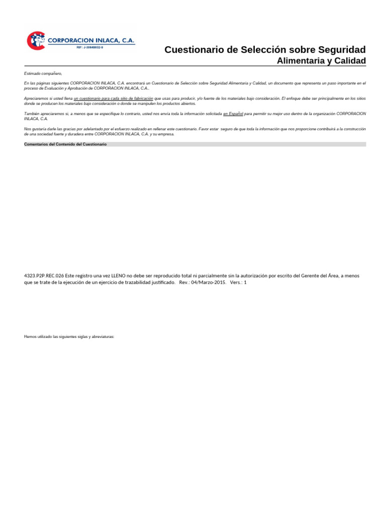 4323.P2P.REC.026 Cuestionario Selección de Seguridad Alimentaria Calidad | PDF | Análisis de ...