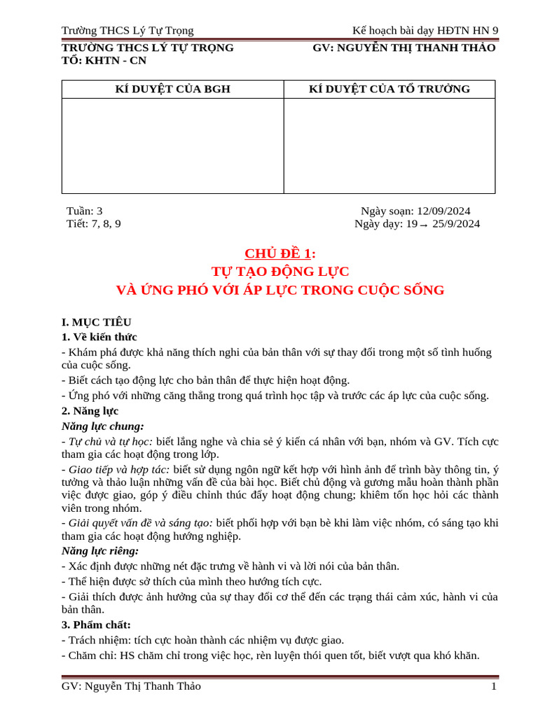 KHBD - HĐTNHN 9 - Tuần 3, 4 | PDF