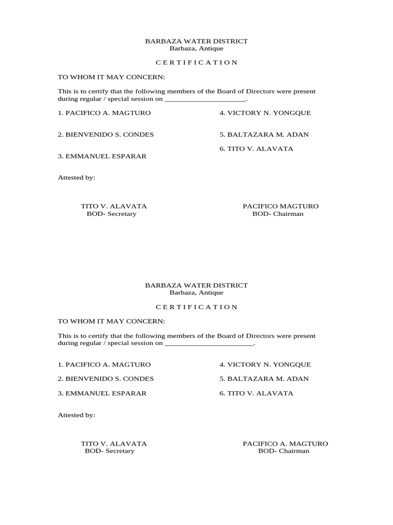 Certification of BOD | PDF