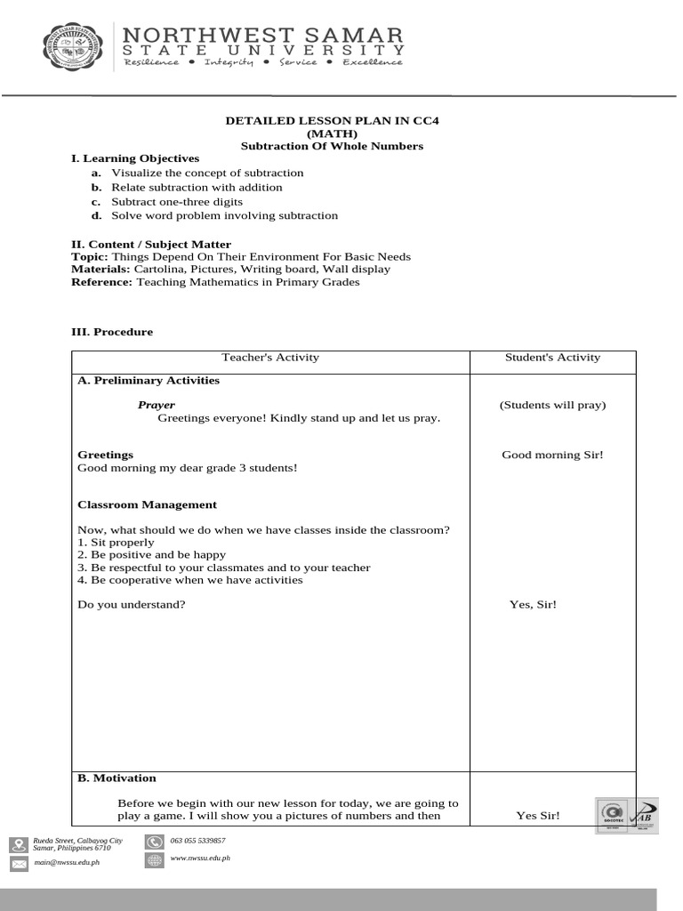 Lesson Plan in Math - Subtraction | PDF | Subtraction | Elementary ...