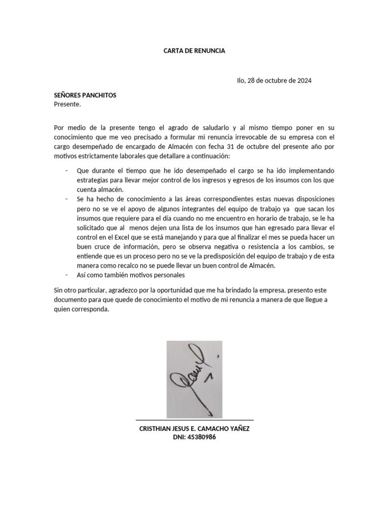 Carta de Renuncia Cris | PDF