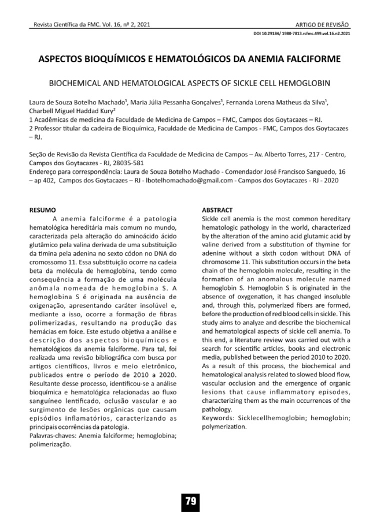 Vista Do ASPECTOS BIOQUÍMICOS E HEMATOLÓGICOS DA ANEMIA FALCIFORME | PDF