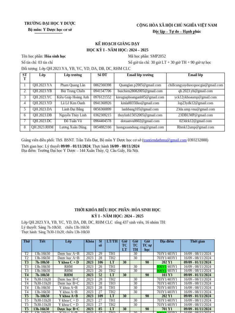 KẾ HOẠCH GIẢNG DẠY HÓA SINH HỌC 2024 - 2025 HK1 Cập Nhật 29.09.2024 Gửi SV | PDF