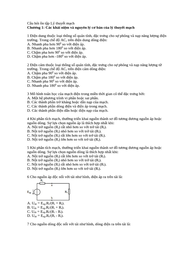Câu Hỏi Kiem Tra Lý Thuyết Mạch - C1 - Mathtype | PDF
