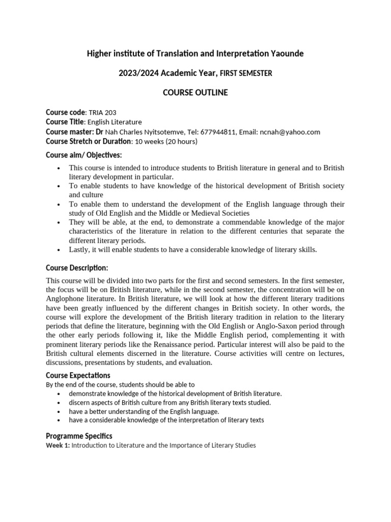 COURSE OUTLINE TRIA English Literature | PDF | English Language | Poetry