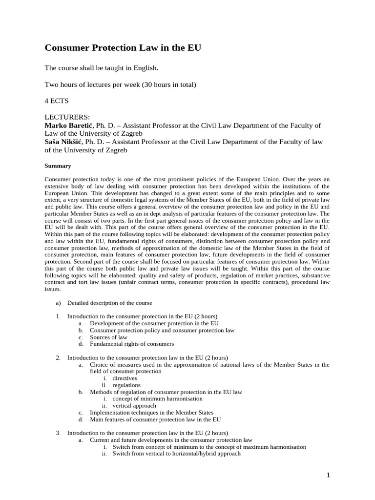 09 Baretic Niksic - Consumer Protection Law in The EU | PDF | Consumer ...