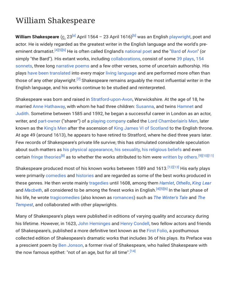 William Shakespeare - Wikipedia | PDF | William Shakespeare ...