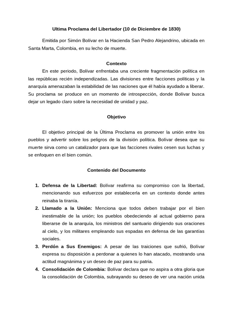 Última Proclama de Bolívar: Llamado a la Unión | PDF | Paz | Colombia