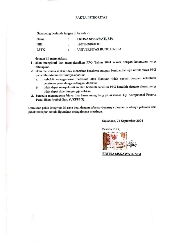 Pakta Integritas - Erfina Siskawati | PDF