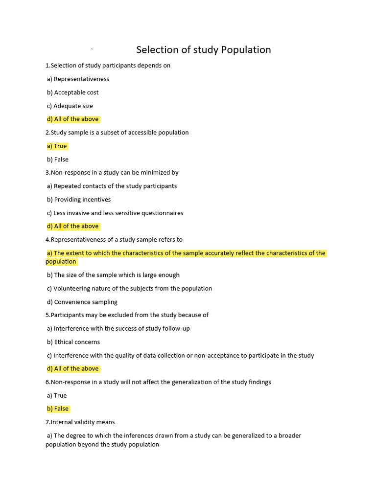 MCQ Selection of Study Population | PDF