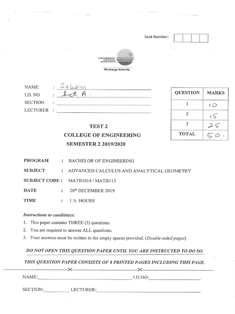Test 2 Sem 2 2019-20 Soln | PDF