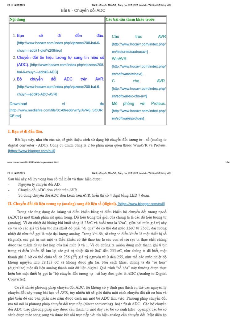 Bài 6 - Chuyển đổi ADC - Cùng học AVR (AVR tutorial) - Tài liệu AVR tiếng Việt | PDF