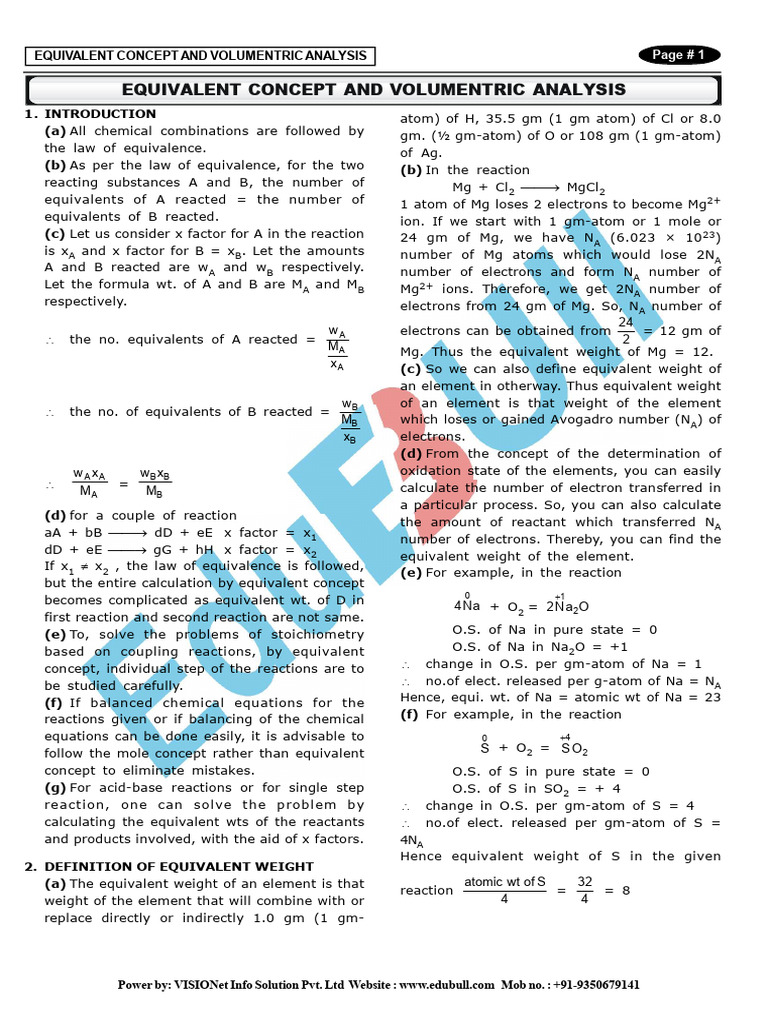Equivalent Weight & Volumetric Analysis | PDF | Valence (Chemistry ...