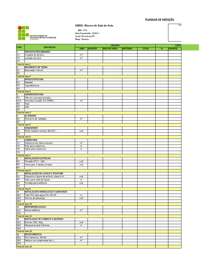 Planilha de Medicoes - Modelo | PDF | Engenharia Civil | Materiais de ...