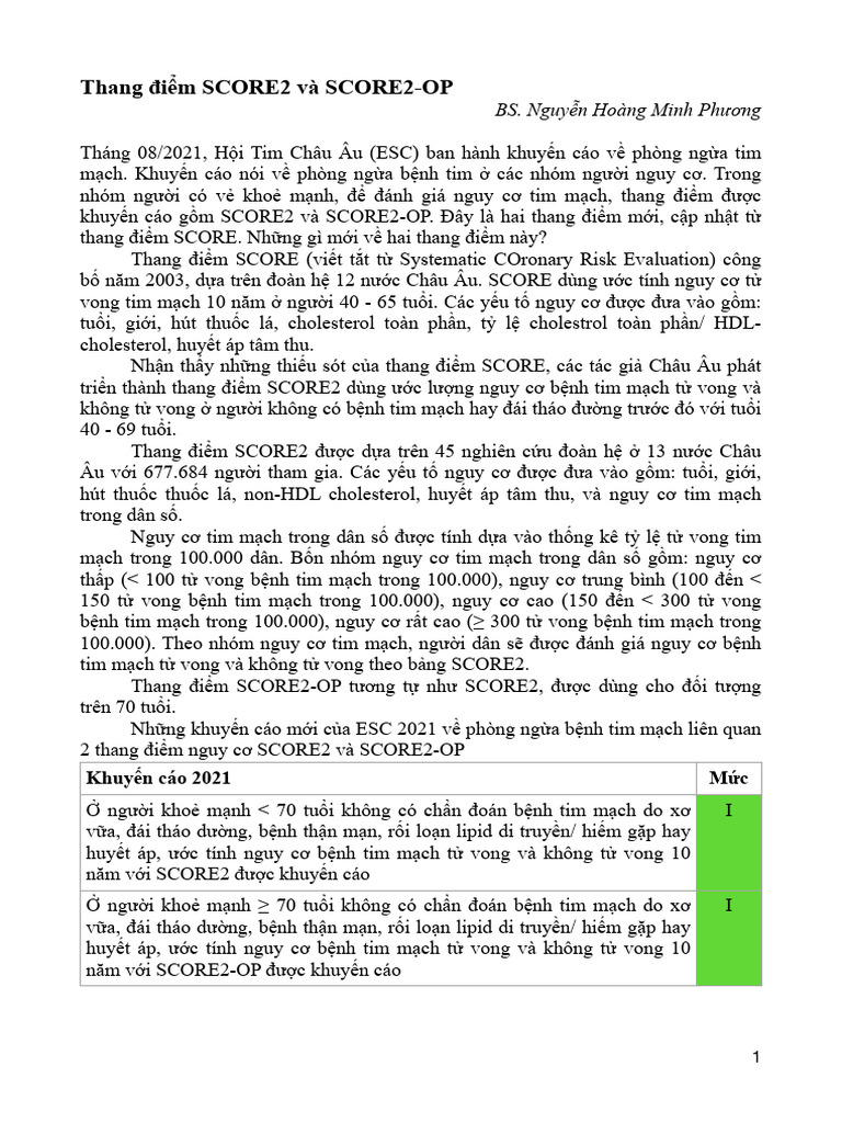 1173 Thang Diem SCORE Va SCORE2 OP Trong Danh Gia Nguy Co Tim Mach | PDF