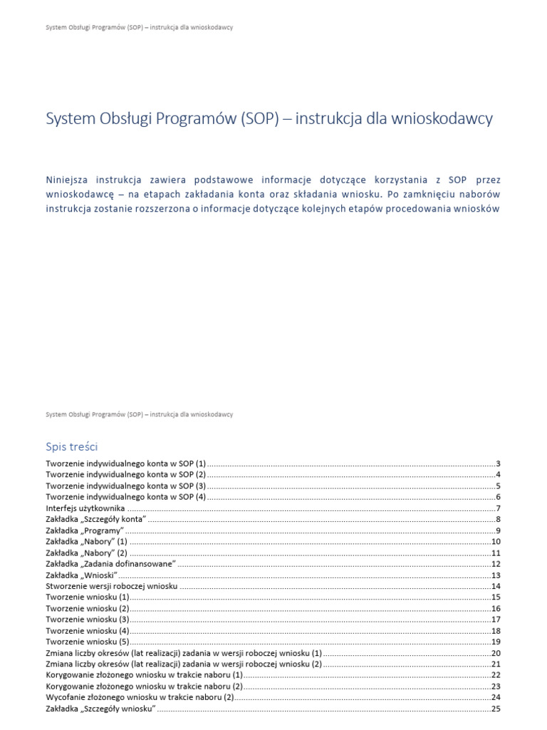 SOP - Instrukcja Dla Wnioskodawcy | PDF