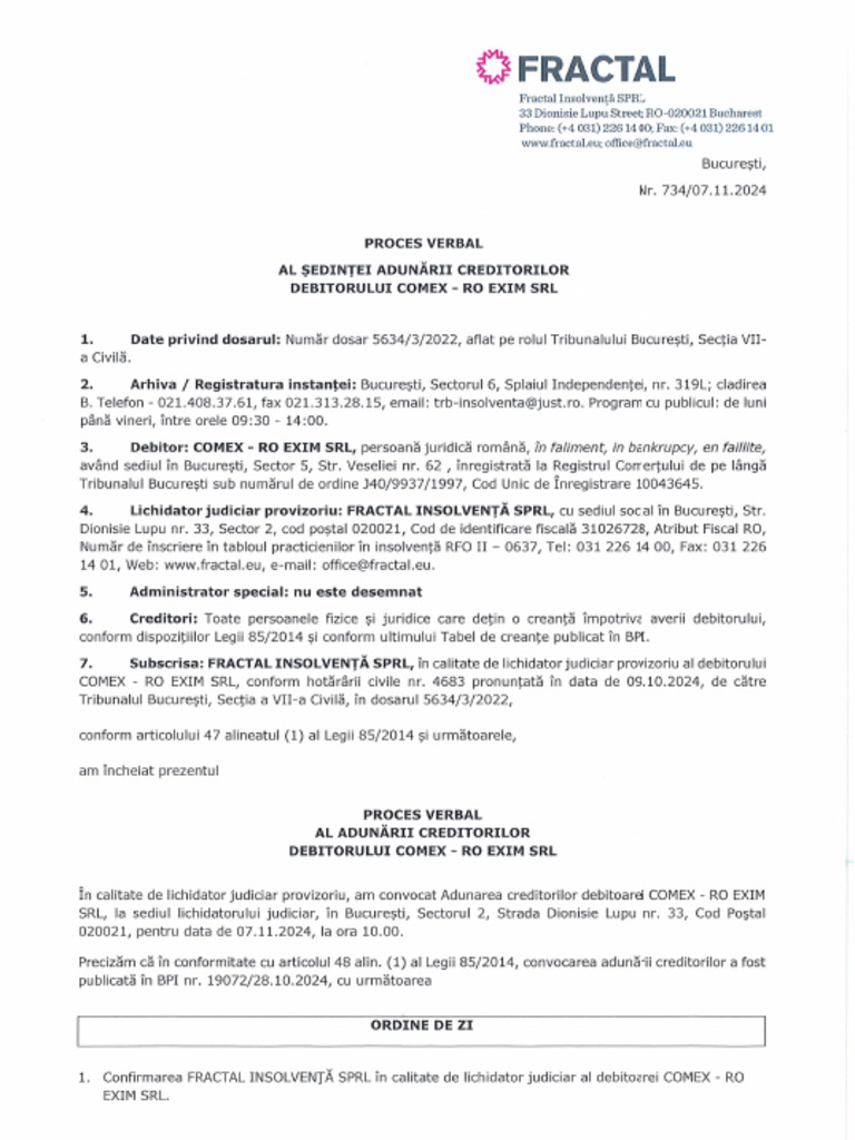 6646 Comex Ro Exim Proces Verbal Adunare Creditori | PDF