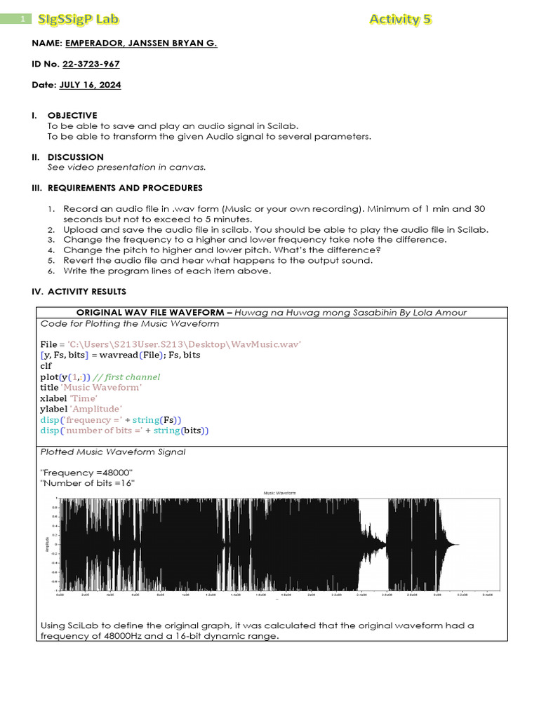 SIGSSIGP LAB ACTIVITY 5 EMPERADOR | PDF | Pitch (Music) | Amplitude SIGSSIGP LAB ACTIVITY 5 EMPERADOR | PDF | Pitch (Music) | Amplitude