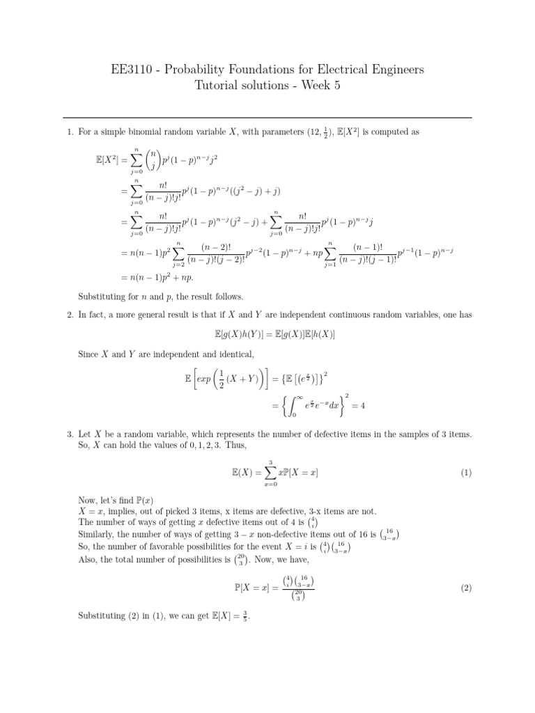 EE3110 Jul 2024 Tutorial5 Solutions | PDF | Expected Value | Standard Deviation