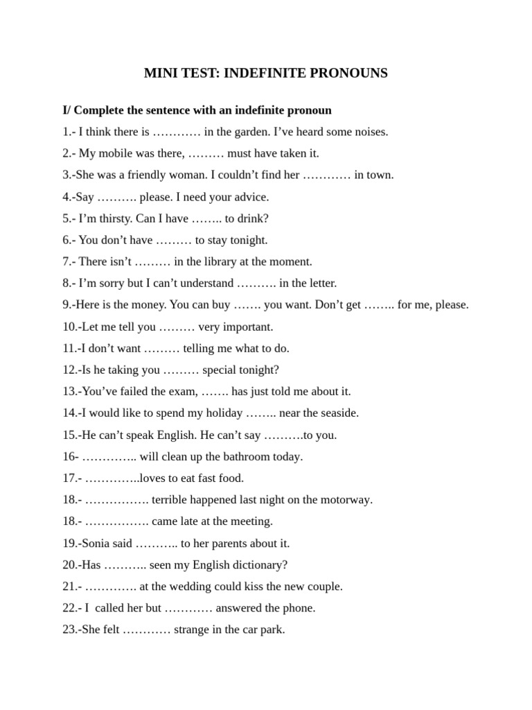 Indefinite Pronouns Mini Test | PDF