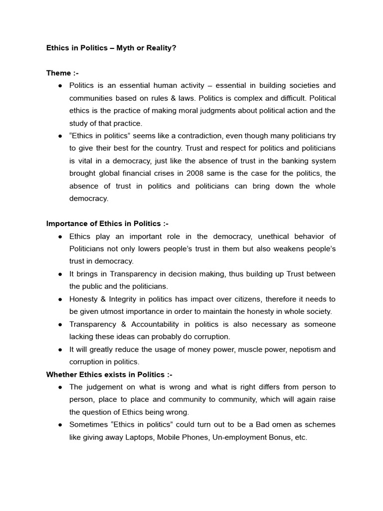 Ethics in Politics - Myth or Reality | PDF | Corruption | Social Psychology