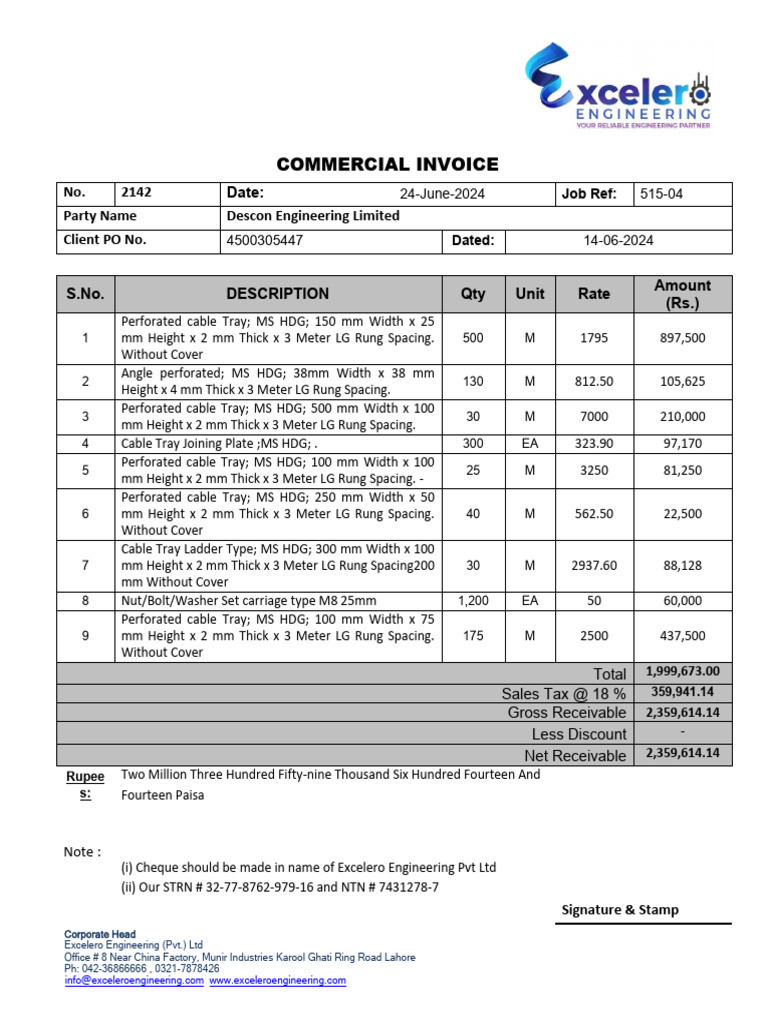 Invoice #2142 Descon Cable Tray | PDF