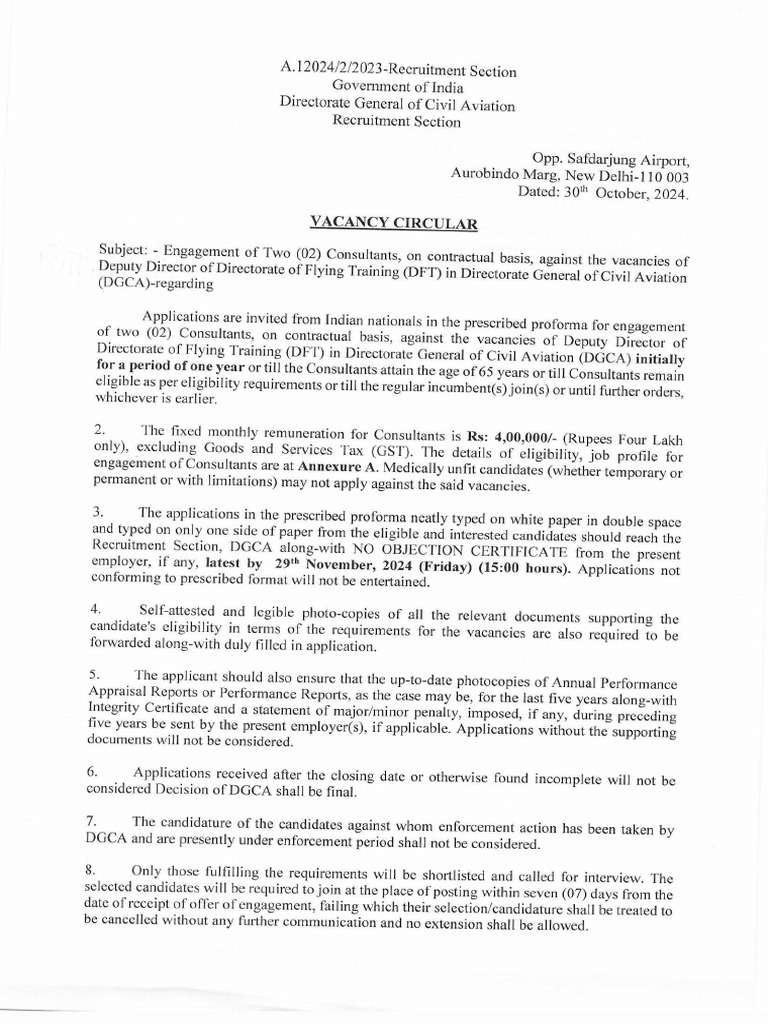 DGCA Consultant Vacancies Announcement | PDF | Aviation