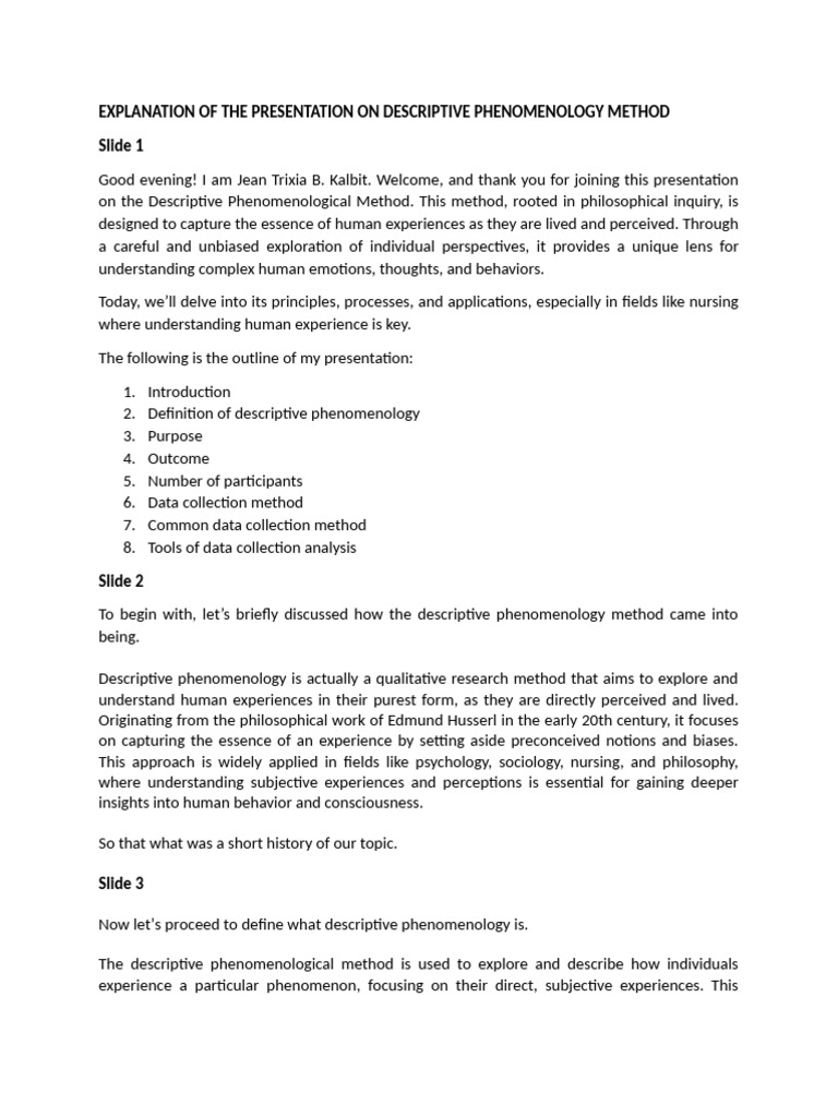 Descriptive Phenomenology Explanation by Jean | PDF | Experience ...