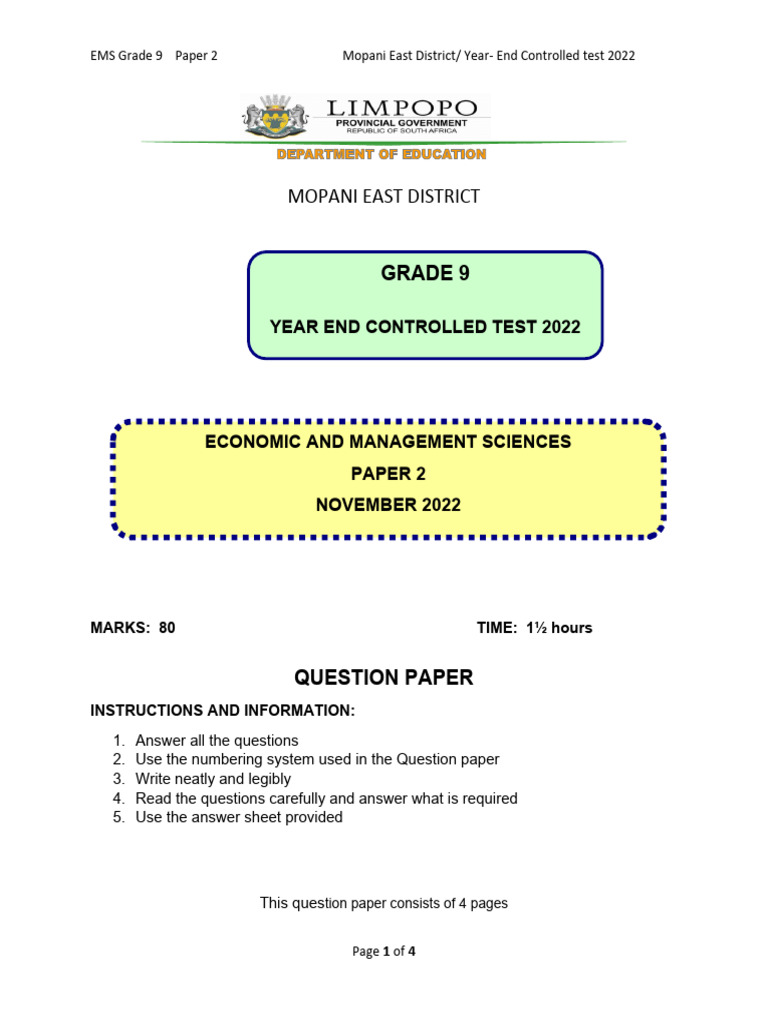 Ems Grade 9 Paper 2 Term 4 Controlled Test Question Paper | PDF | Trade ...