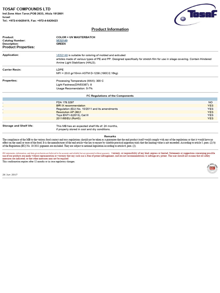 Ve52149 TDS | PDF | Shelf Life