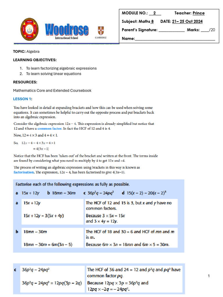 Factorisation and Linear Equations | PDF