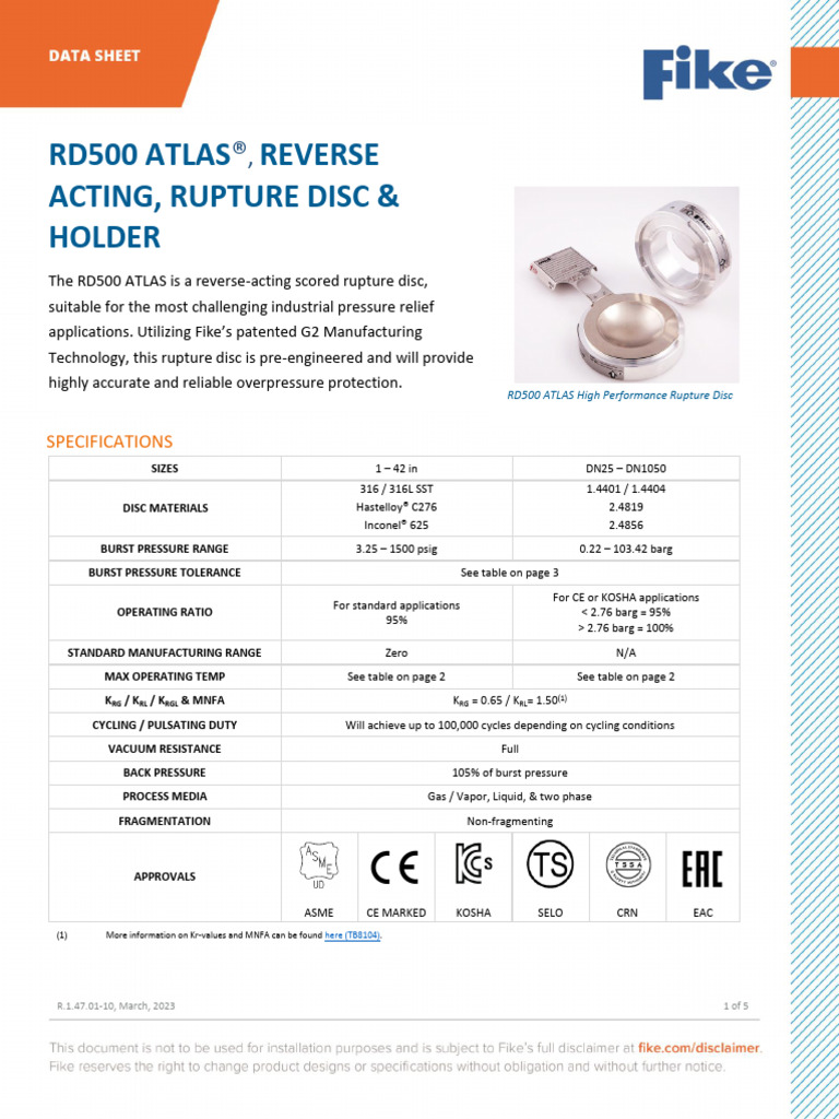 Rd500 Atlas Reverse Acting, Rupture Disc & Holder: Specifications | PDF ...