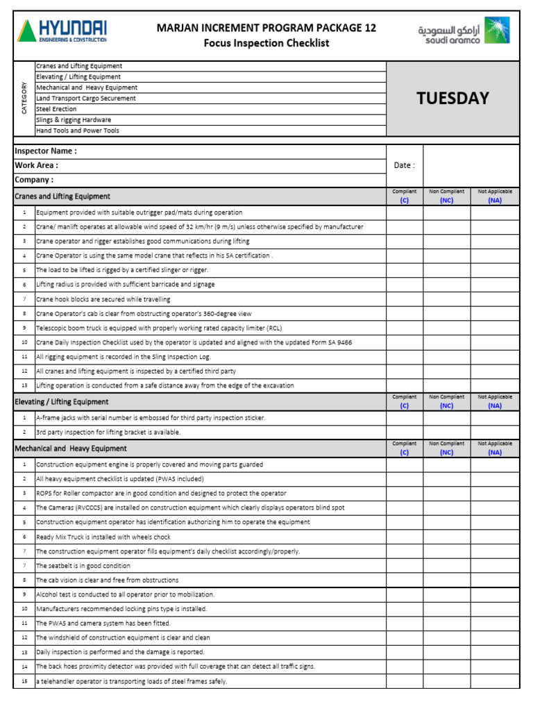 Fsir Focus Checklist - Tuesday | PDF | Crane (Machine) | Heavy Equipment