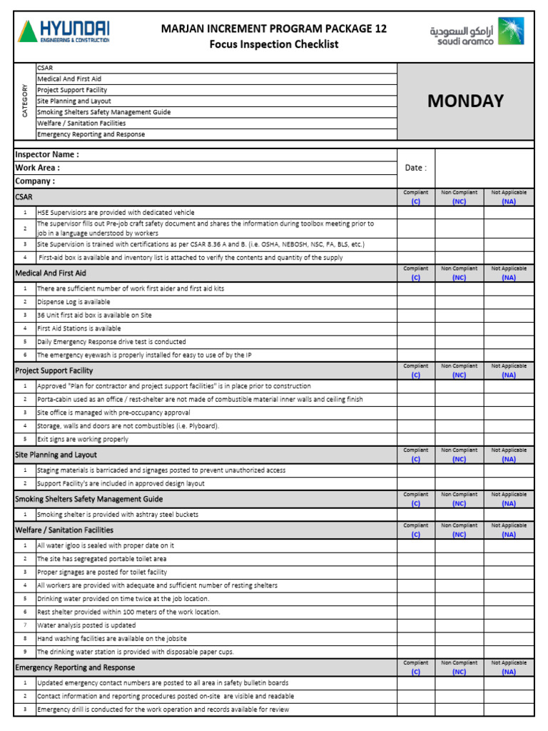 FSIR Focus Checklist - MONDAY | PDF | First Aid | Safety