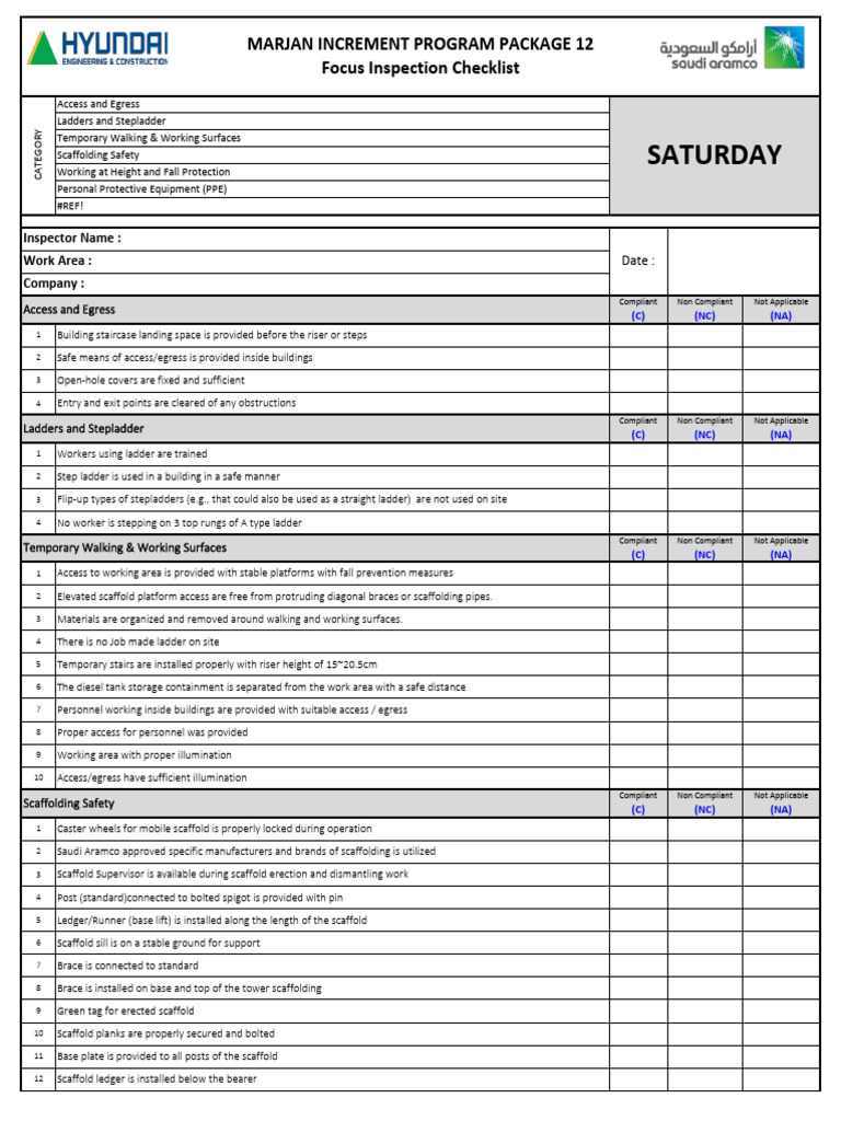 FSIR Focus Checklist - SATURDAY | PDF | Scaffolding | Stairs