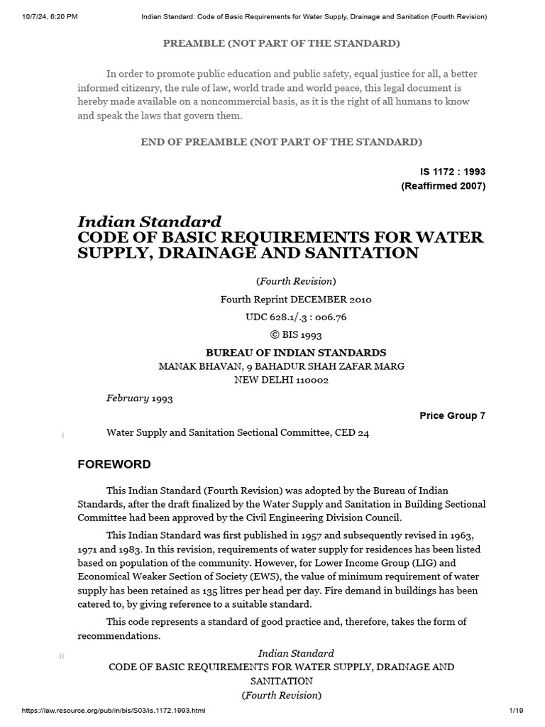 Indian Standard - Code of Basic Requirements For Water Supply, Drainage ...