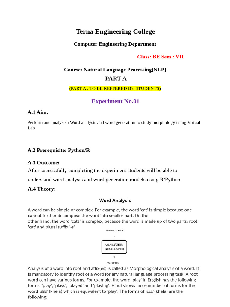 A10 NLP EXP 1 | PDF | Morphology (Linguistics) | Part Of Speech