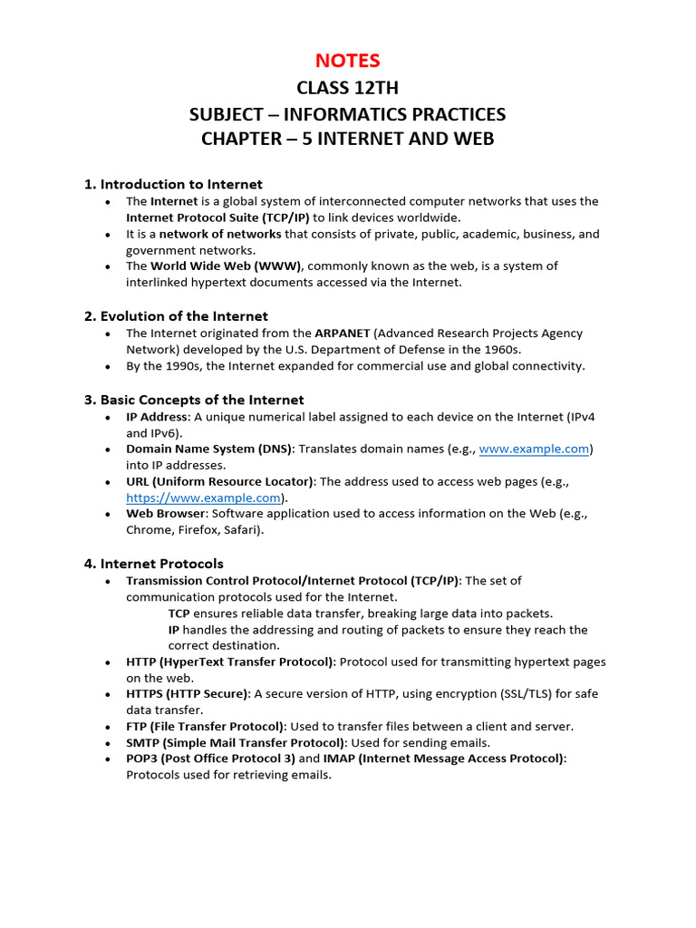 Class 12 Notes Informatics Practices Chap 5 2024 25 Pdf World Wide Web Internet And Web 3090