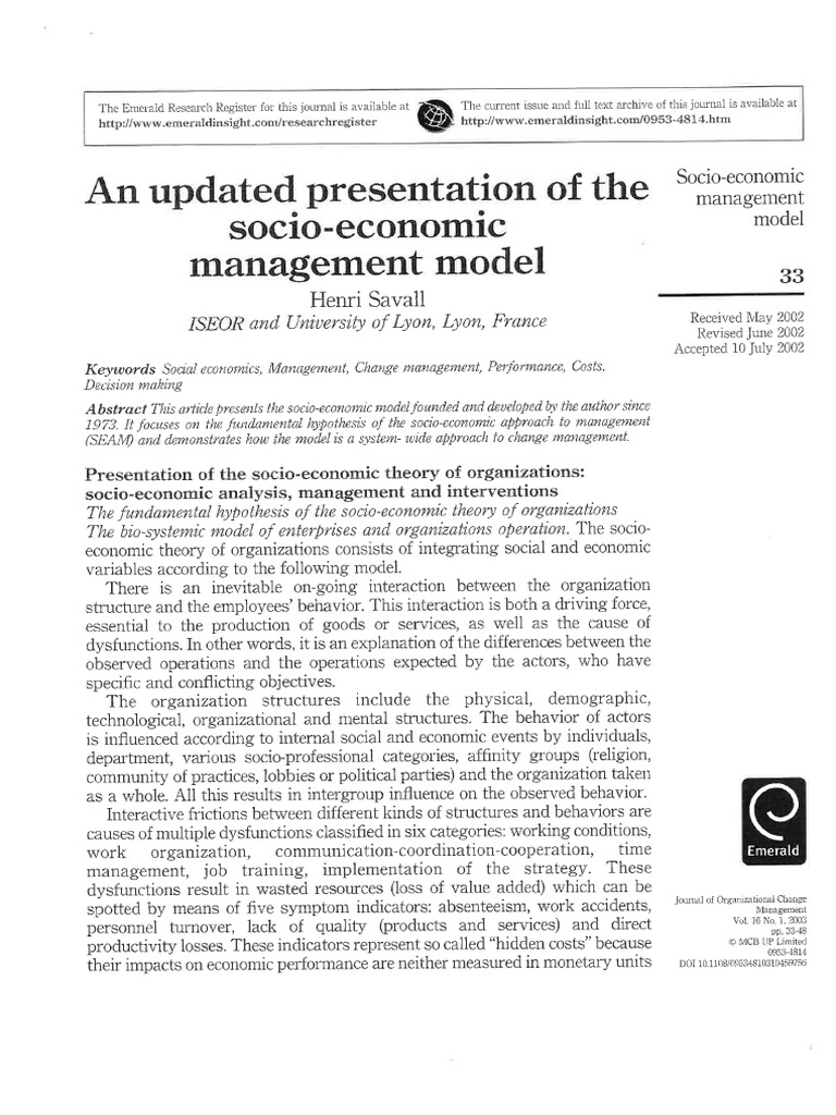 An Updated Presentation of The Socio-Economic Management Model | PDF