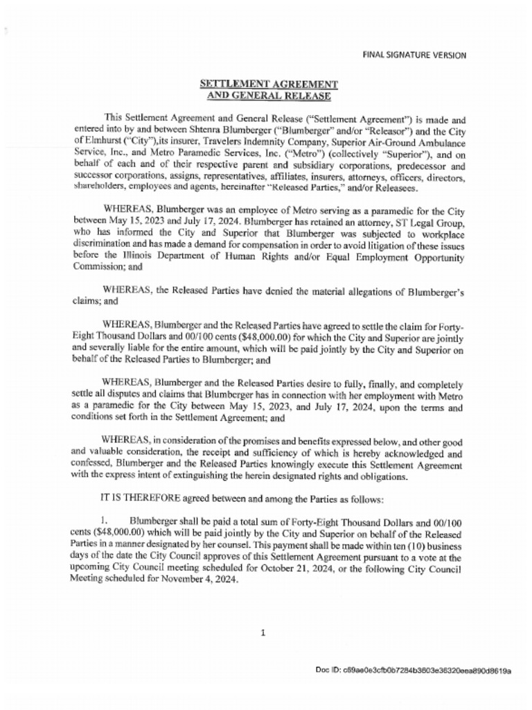 Elmhurst Settlement With Former Paramedic Shterna Blumberger | PDF