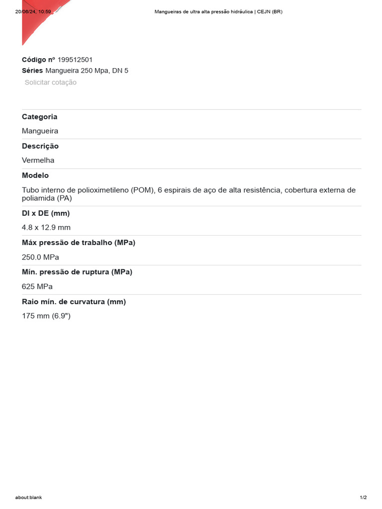 Mangueiras de Ultra Alta Pressão Hidráulica - CEJN (BR) | PDF