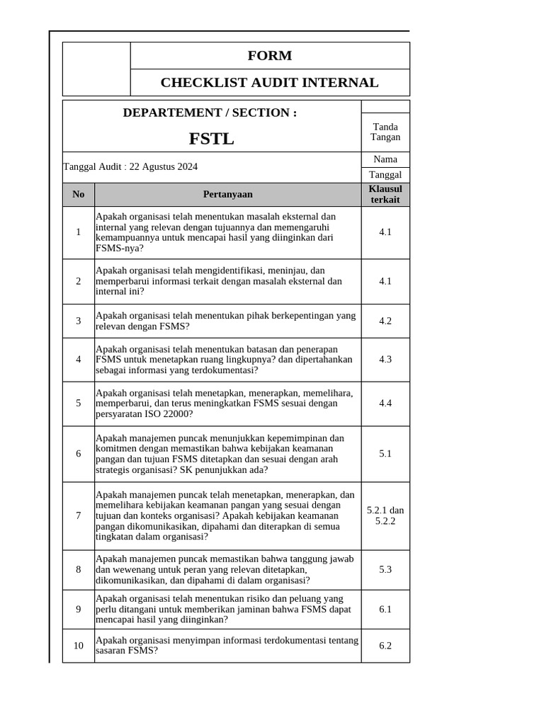 FRM - AI.01.03 Ceklist Audit Internal New | PDF | Pengelolaan Keuangan & Uang