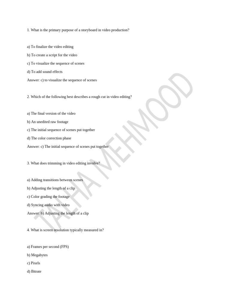 Video Editing MCQs and Answers | PDF | Video | Display Resolution