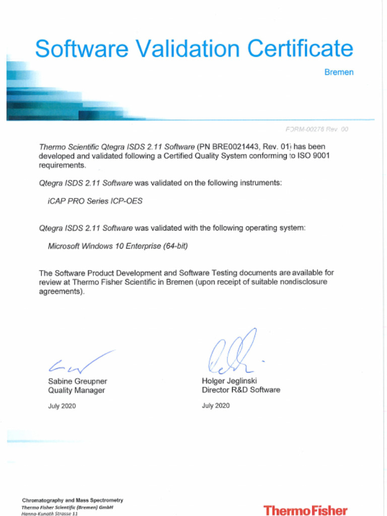 BRE0021443-01 Qtegra 2.11 iCAP PRO Software Validation Certificate | PDF