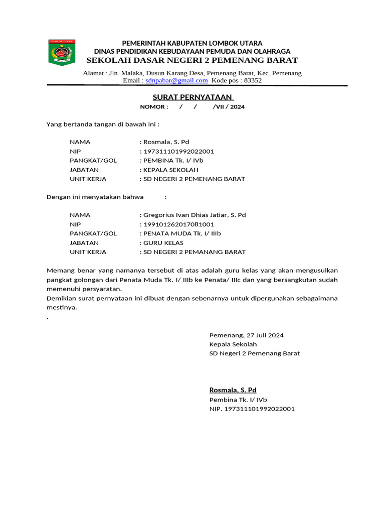 Surat Pernyataan Kepsek 2024 | PDF